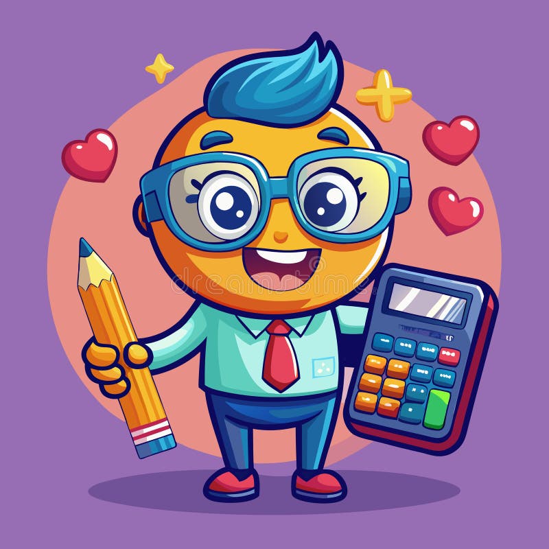 Happy Cartoon Character Holding a Pencil and Calculator. ( Stock Vector ...