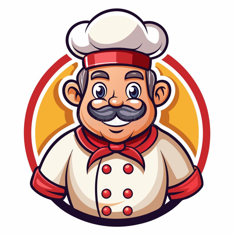 Happy Cartoon Chef with Mustache in a Red and White Uniform, Inside a ...