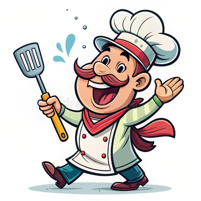 Happy Cartoon Chef with Spatula, Wearing Chef Hat and Apron Stock ...