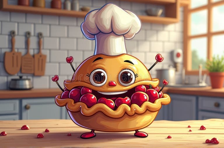 Happy Cartoon Cherry Pie with Chef Hat in Cozy Kitchen Setting Stock ...