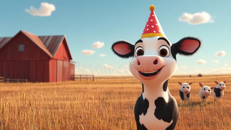 Happy Cartoon Cow in Party Hat on a Farm Stock Illustration ...