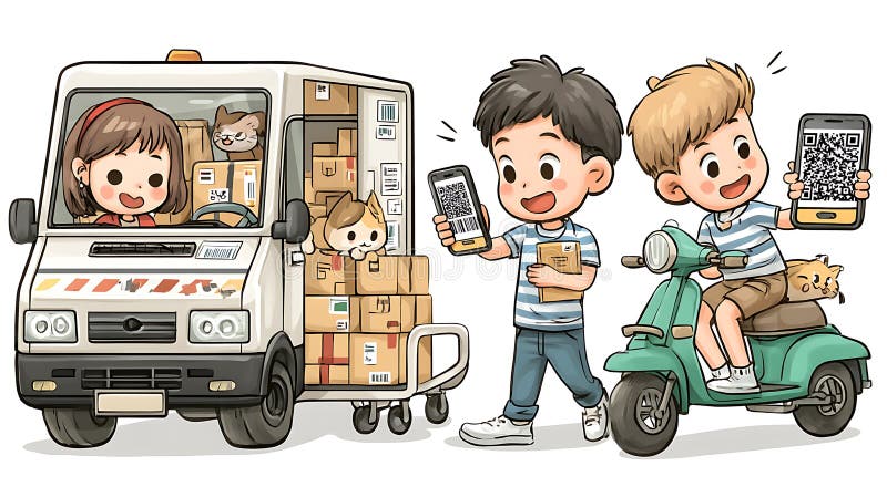 Happy Cartoon Delivery Scene with Cute Characters and Pets Stock ...