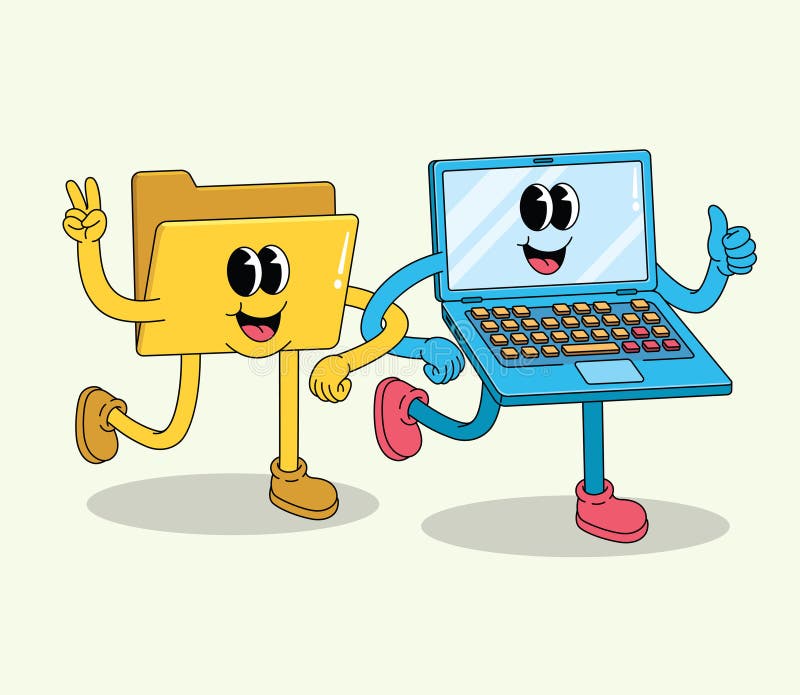 Happy Cartoon Folder and Laptop Characters Walking Together Stock ...