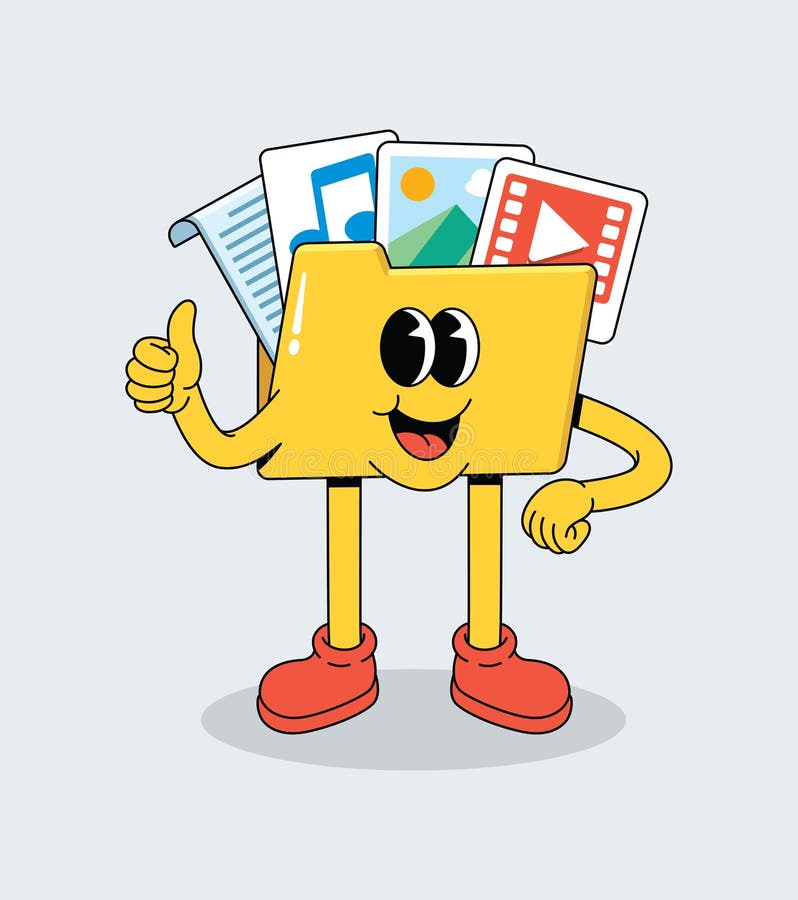 Happy Cartoon Folder Mascot Giving Thumbs Up with Documents and Media ...