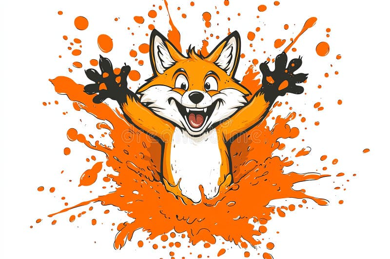 Happy Cartoon Fox Splashing in Orange Paint Splatter Stock Illustration ...