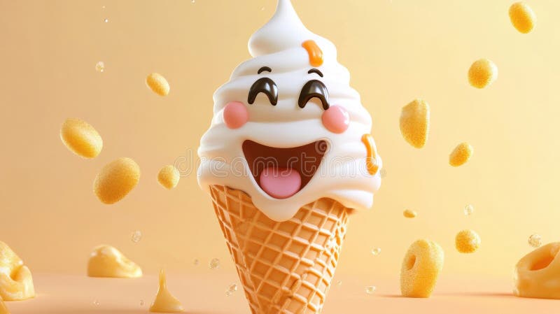 Happy Cartoon Ice Cream Cone with Waffle Design Stock Illustration ...