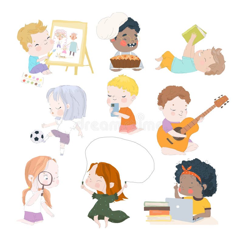 Happy Cartoon Kids Engaged in Different Activities Stock Vector ...