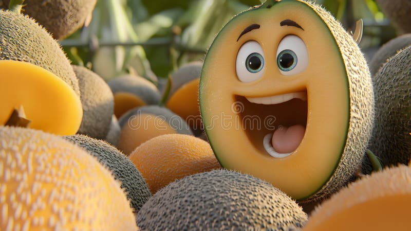 Happy Cartoon Melon among Fresh Fruits Stock Photo - Image of texture ...