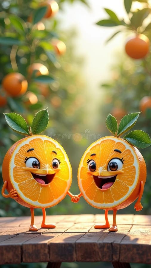 Happy Cartoon Oranges in Sunny Orchard with Green Leaves and Smiles ...