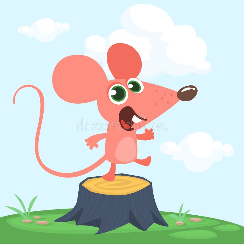 Happy Cartoon Pink Mouse Dancing on a Tree Stump in Th Meadow. Vector ...