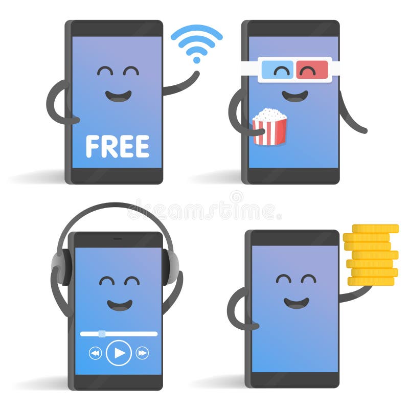 Happy Cartoon Smart Phone Character Set, Great for Your Design Stock ...