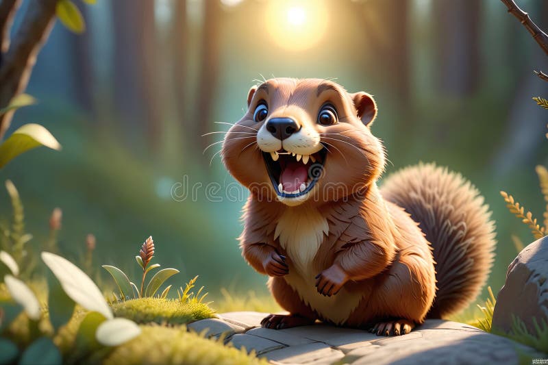 A Happy Cartoon Squirrel Smiling in a Forest during Sunset among the ...