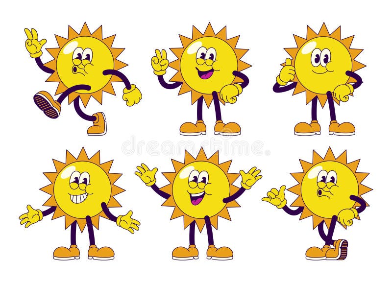 Happy Cartoon Summer Sun in Various Pose Stock Vector - Illustration of ...