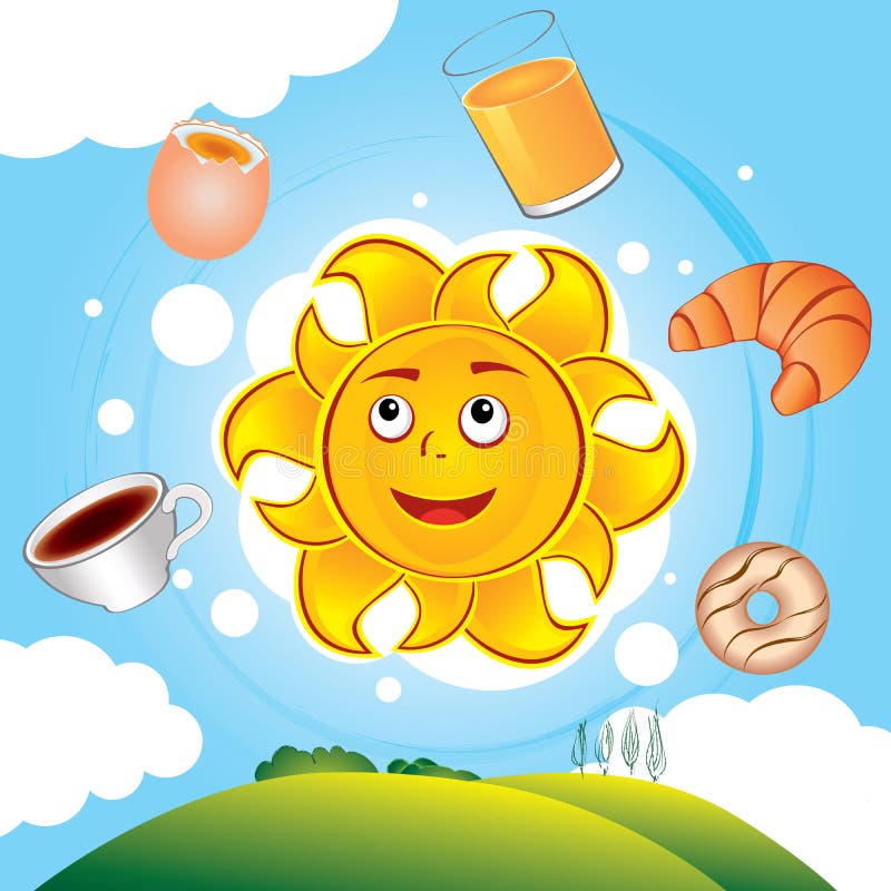 Happy Cartoon Sun Cooked Breakfast Stock Vector - Illustration of cute ...