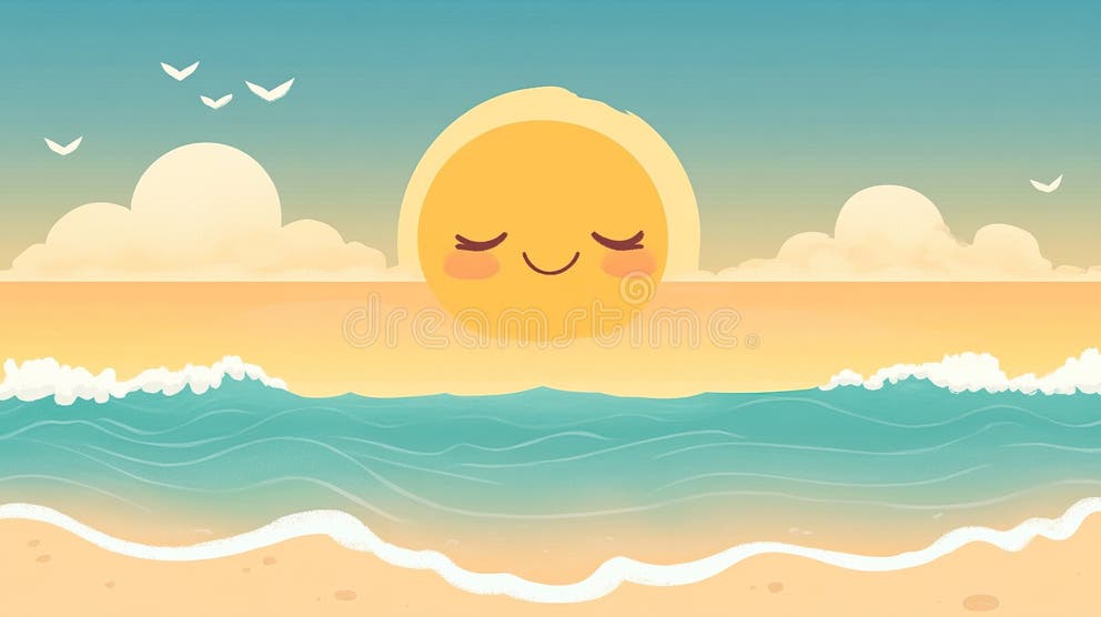 Happy Cartoon Sun Setting Over Ocean Beach Stock Photo - Image of ...