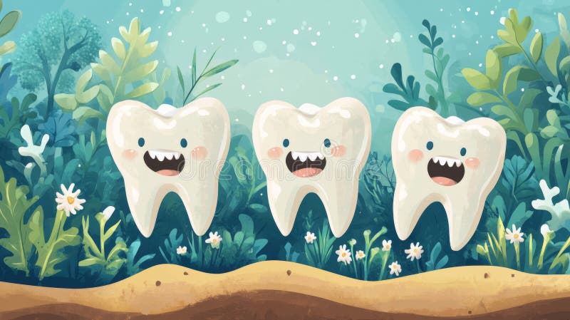 Happy Cartoon Teeth in a Lush Garden Stock Illustration - Illustration ...