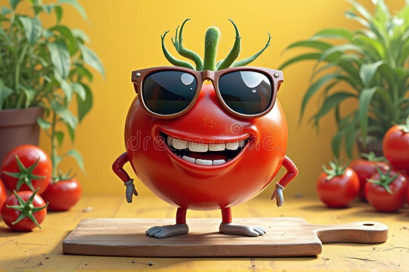 Happy Cartoon Tomato with Sunglasses on Cutting Board in Vibrant ...