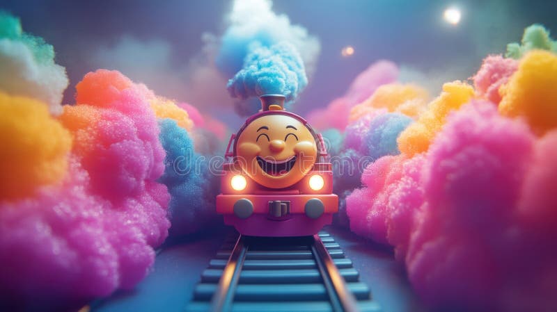 Happy Cartoon Train in Candy Clouds Stock Illustration - Illustration ...