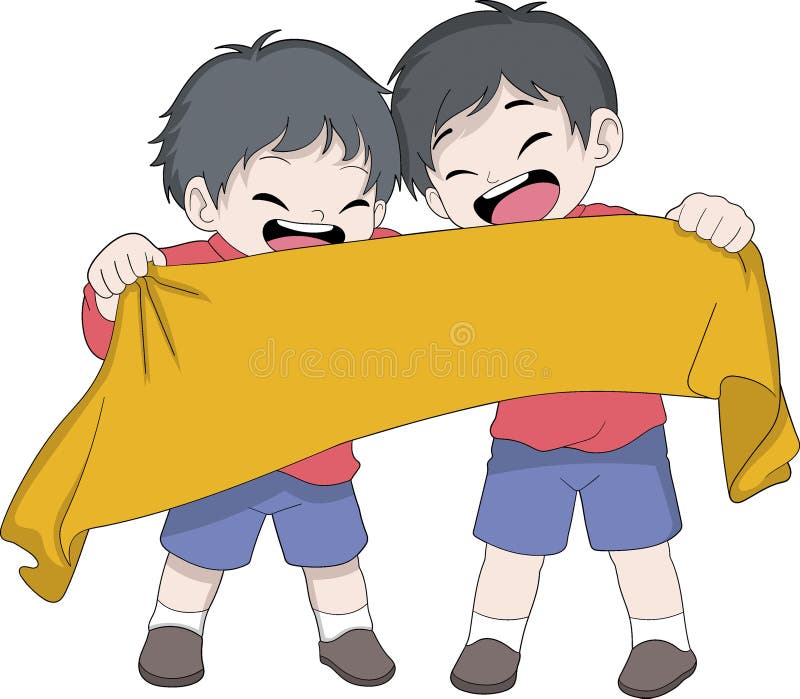 Happy Cartoon Twins Holding Large Cloth Banner As Template for Adding ...