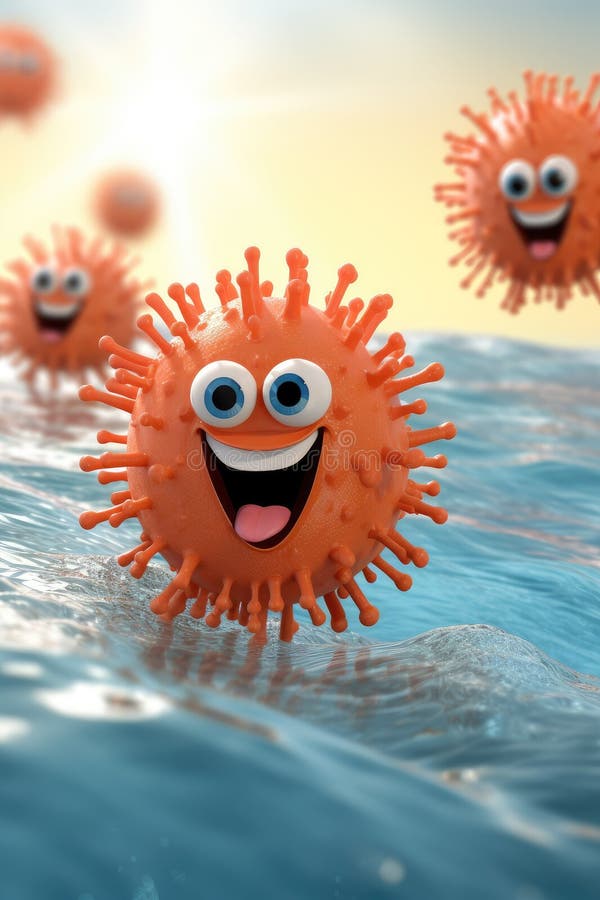 Happy Cartoon Viruses with Smiley Faces Float in Liquid Water Stock ...