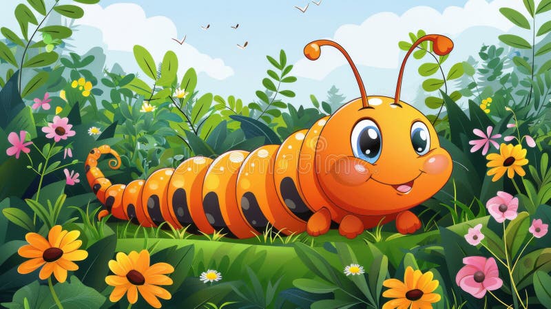 Happy Cartoon Worm in Green Garden Stock Illustration - Illustration of ...