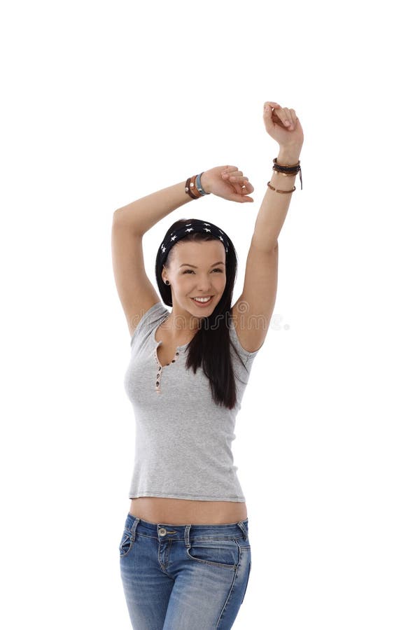 Happy Casual Girl with Hands Up Stock Photo - Image of clothing, away ...