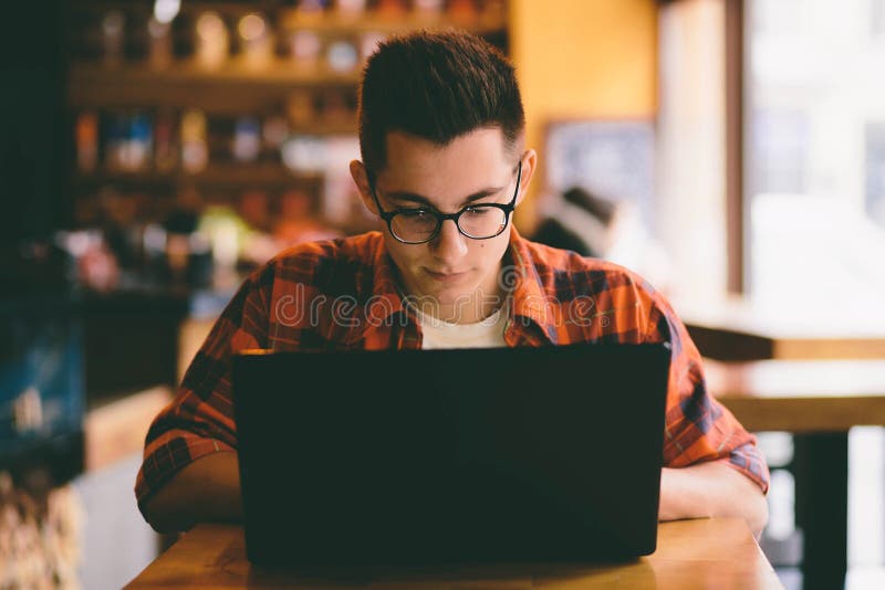 Happy Casual Man Using Laptop Computer in Cafe Stock Image - Image of ...