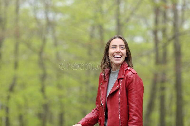 Happy Casual Woman Laughing in a Forest Stock Image - Image of person ...