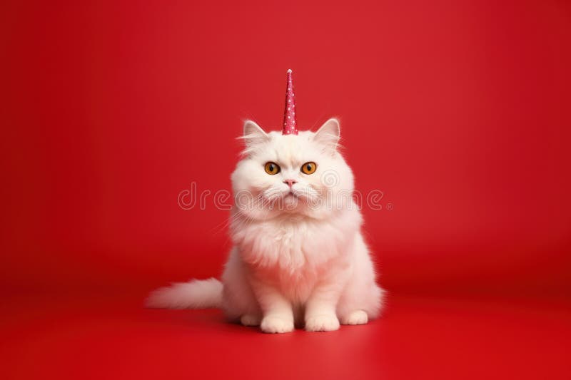 Happy Cat Celebrating Birthday With Party Hat On Isolated On Blue