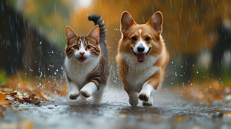 Happy Cat and Dog Running in Autumn Rain Stock Photo - Image of lovely ...