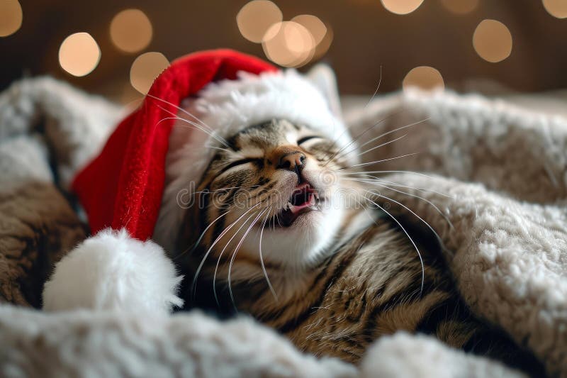 Happy Cat in a Festive Santa Hat. Stock Illustration - Illustration of ...