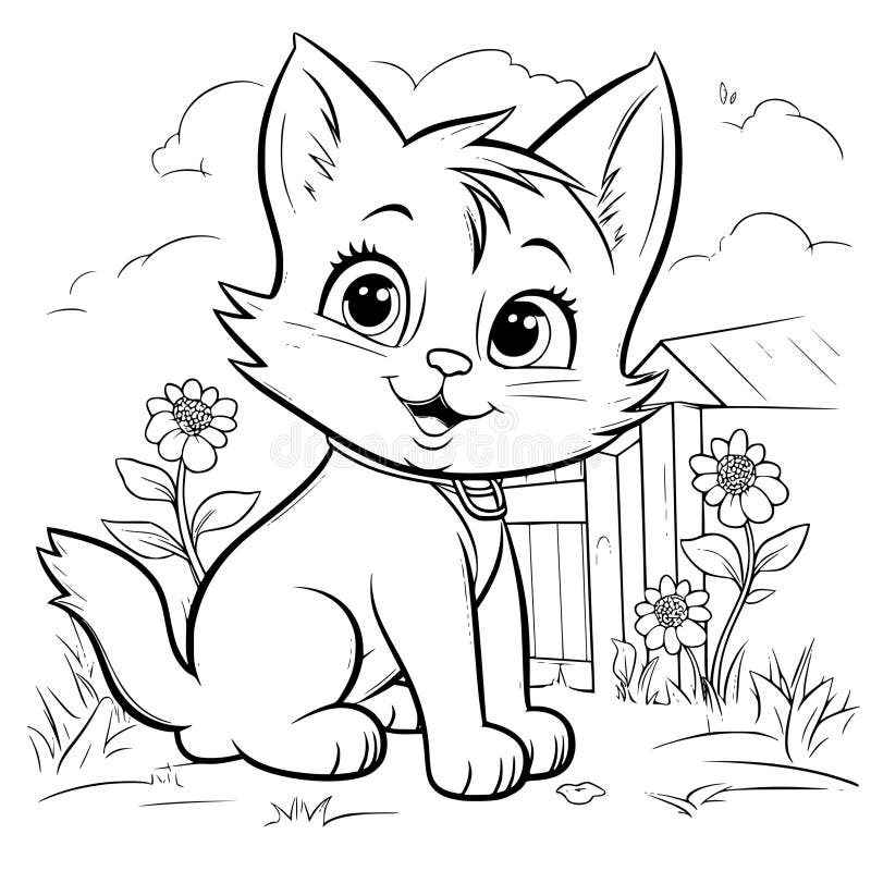 Happy Cat Playing Outside Coloring Pages Drawing for Kids Stock Vector ...
