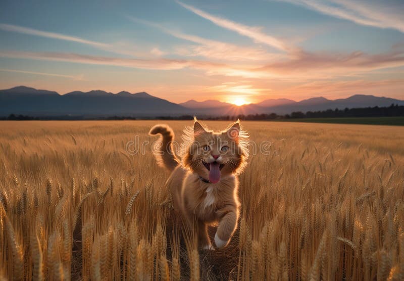 A Happy Cat Runs through Golden Wheat Fields at Sunset with Mountains ...