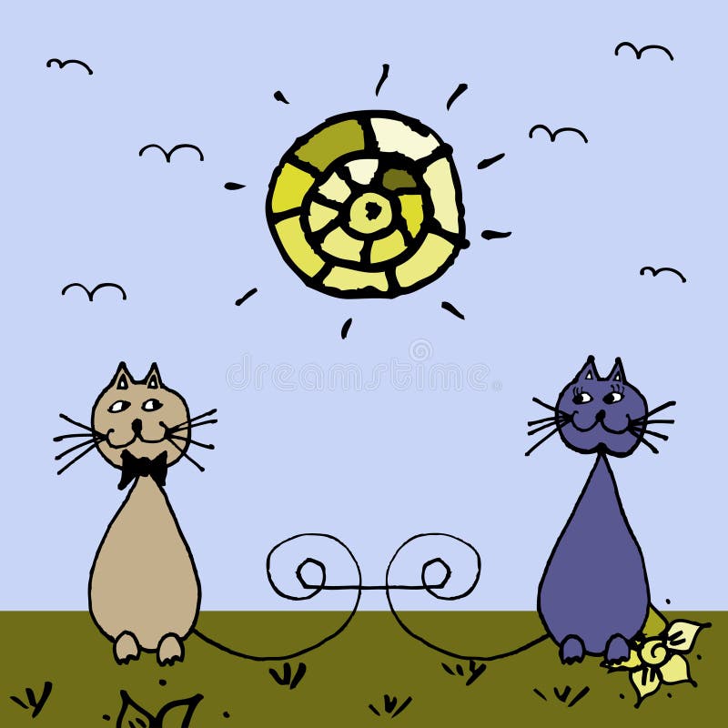 Happy Cats in the Green Sun Stock Illustration - Illustration of flower ...