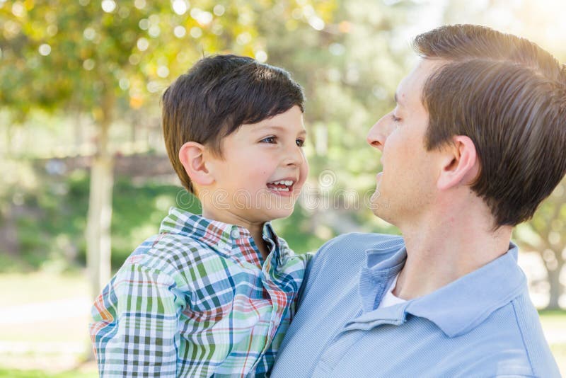 Happy Young Caucasian Father and Son in Front of Their RV Stock Photo ...