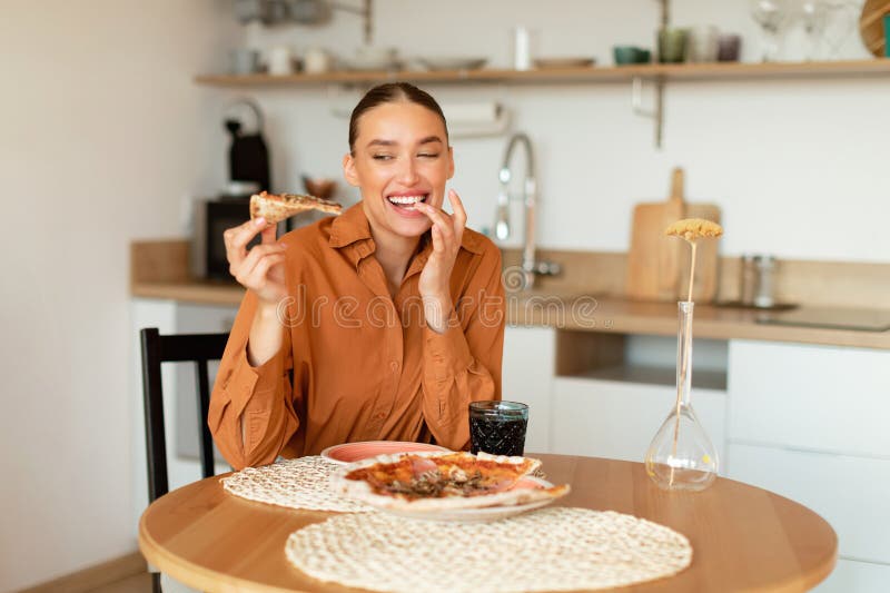 Italian Cuisine Happy Satisfied European Woman Smelling Fresh