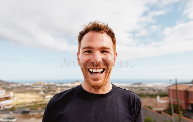 Happy Caucasian Young Man Smiling in Front Camera at House Rooftop ...