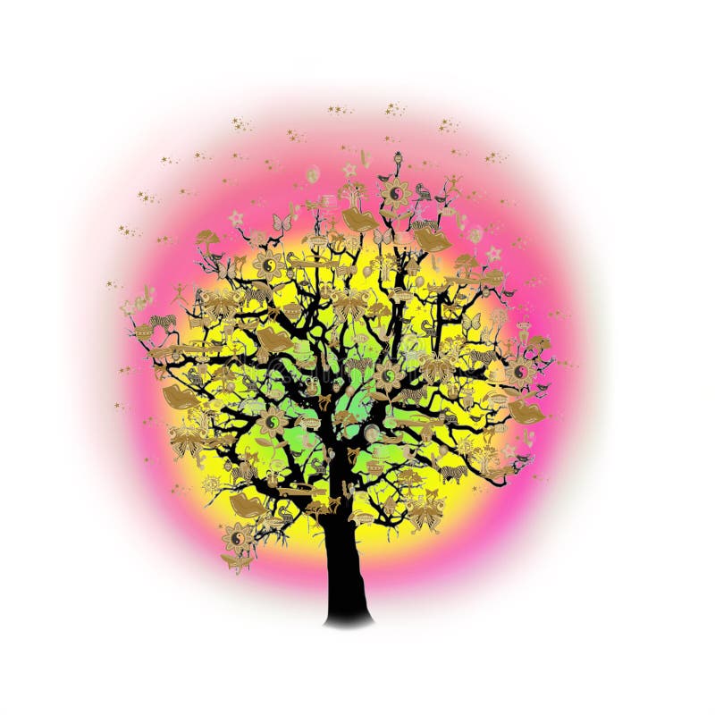 Happy Celebration, Funny Tree with Holiday Symbols Stock Illustration ...