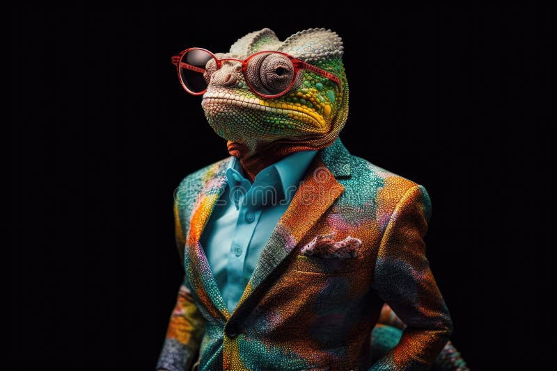 Happy Chameleon in Suit and Sunglasses on Black Background. Generative ...