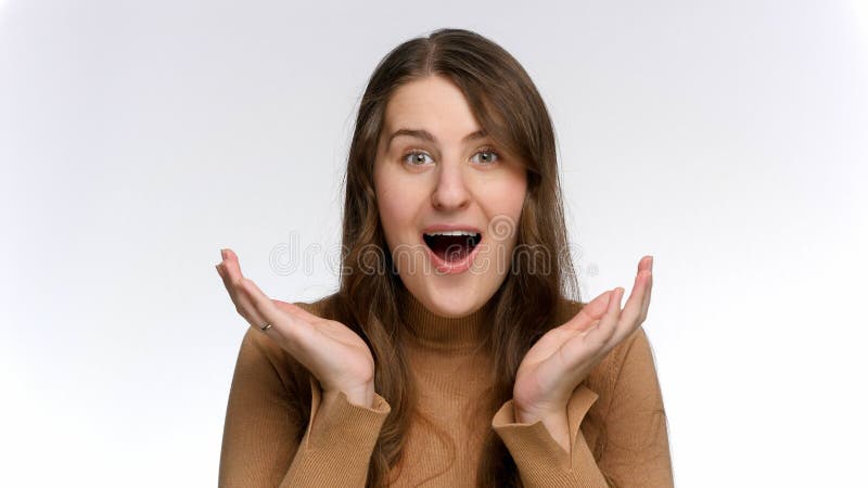 Happy Cheerful Amazed Woman Opening Mouth And Saying Wow Positive