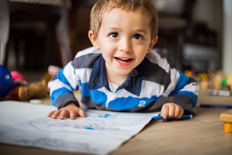 Happy Cheerful Child Drawing at Home. Creativity Concept. Stock Image ...