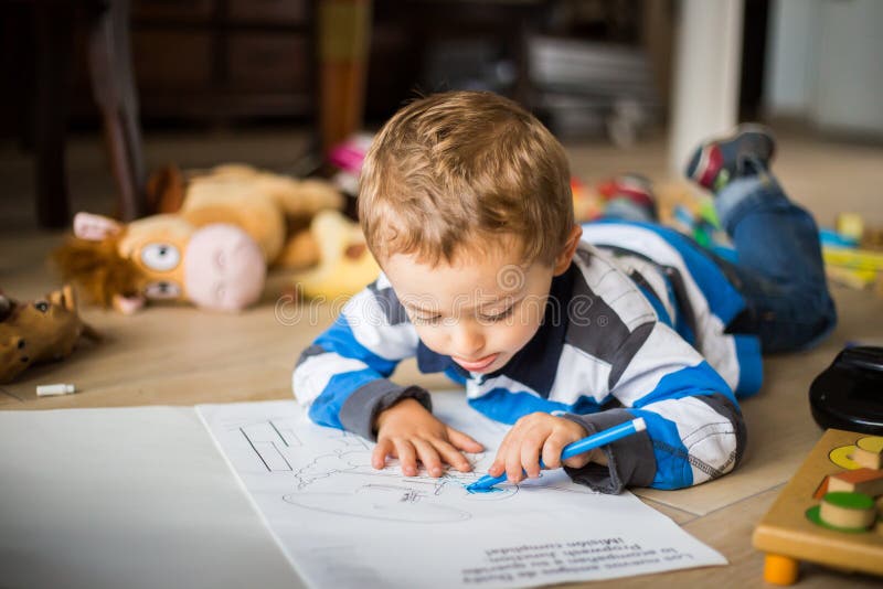 Happy Cheerful Child Drawing at Home. Creativity Concept. Stock Image ...
