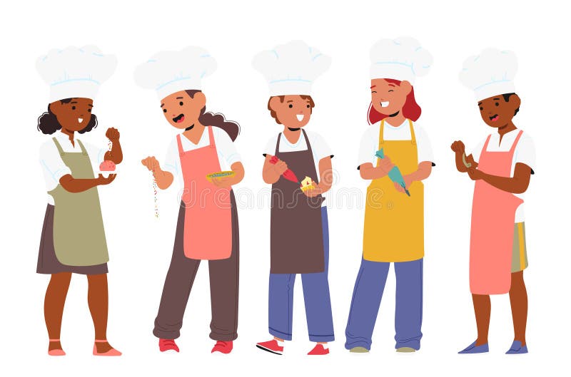 Happy Cheerful Children Cartoon Characters in Uniform Enjoying Pastry ...