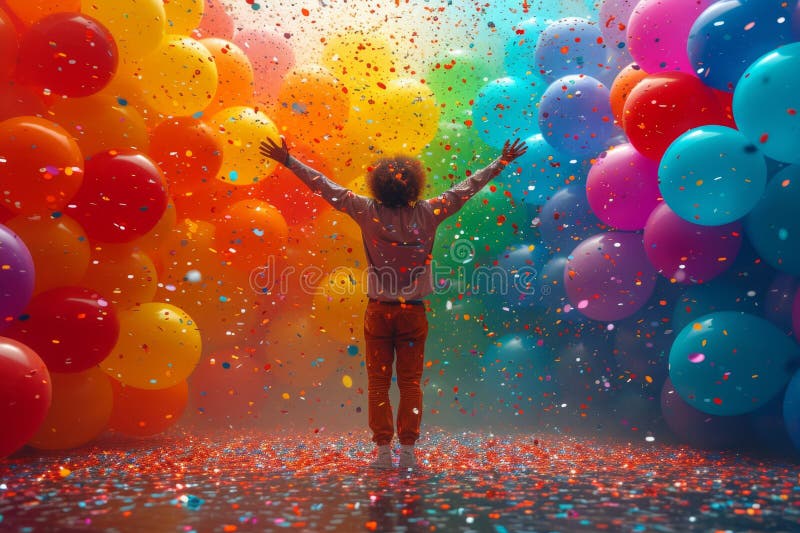 A Happy Cheerful Man Rejoices in Bright Multicolored Balloons Stock ...