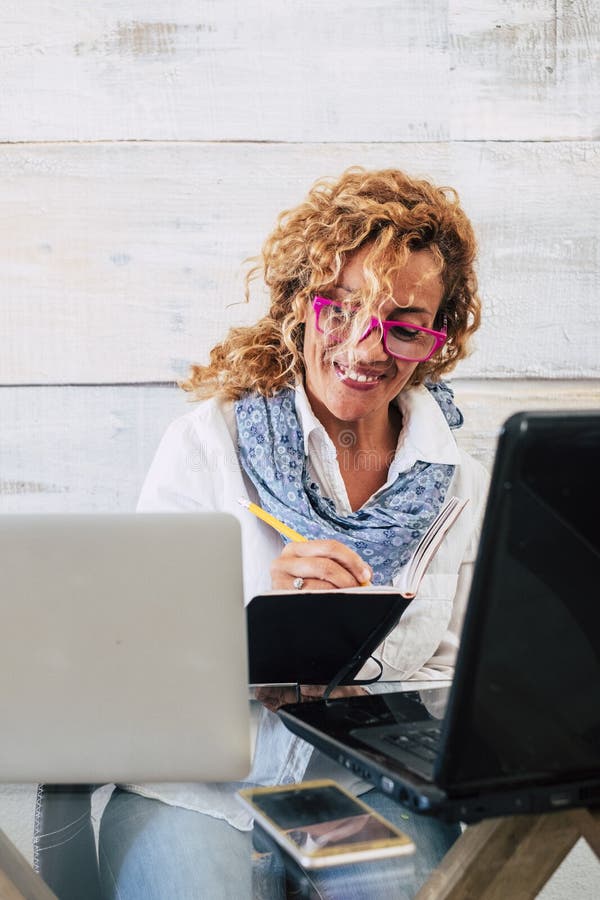 Happy Cheerful People at Work with Technology Stock Photo - Image of ...
