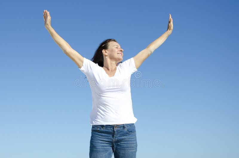 Happy Cheerful Woman with Arms Up Stock Photo - Image of attractive ...
