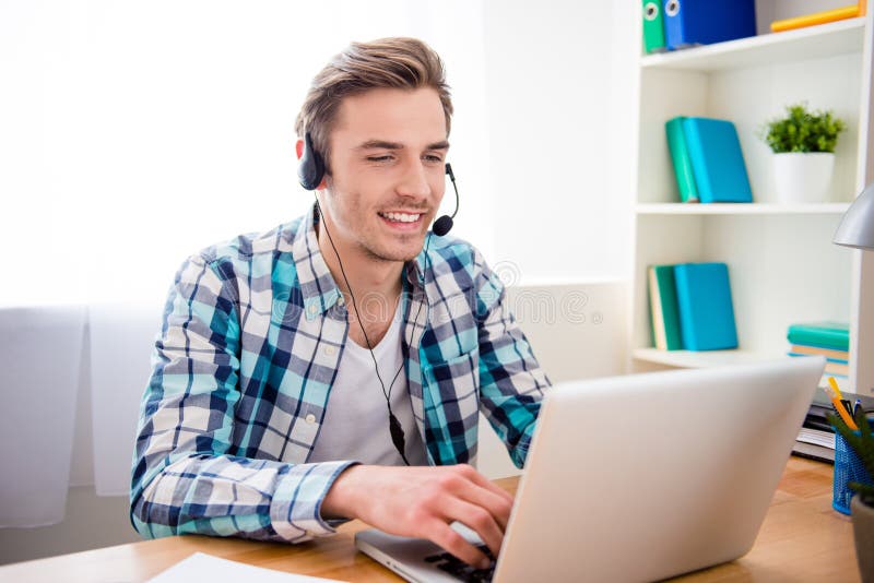 Happy Cheerful Young Worker of Call Center in Head-phones Stock Image ...
