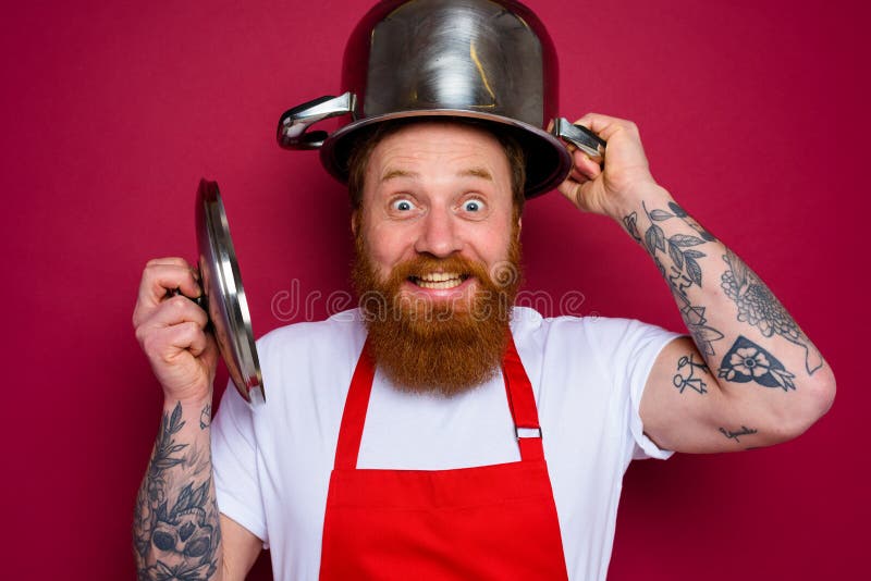 Happy Chef with Beard and Red Apron Plays with Pot Stock Image - Image ...