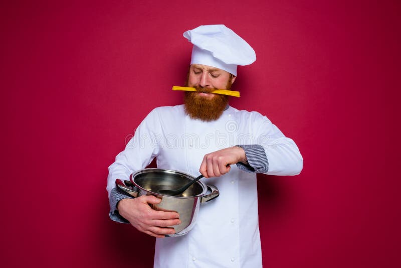 Happy Chef with Beard and Red Apron is Ready To Cook Stock Photo ...