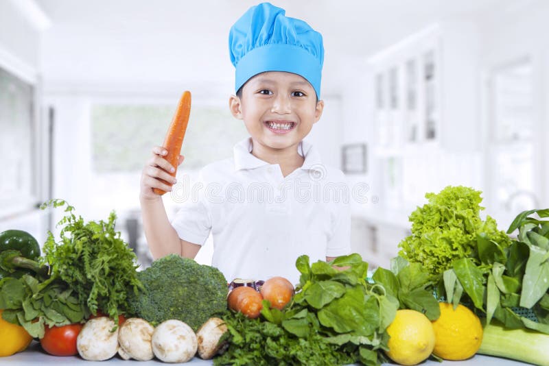 Happy Chef Boy with Fresh Vegetables Stock Image - Image of meal, home ...